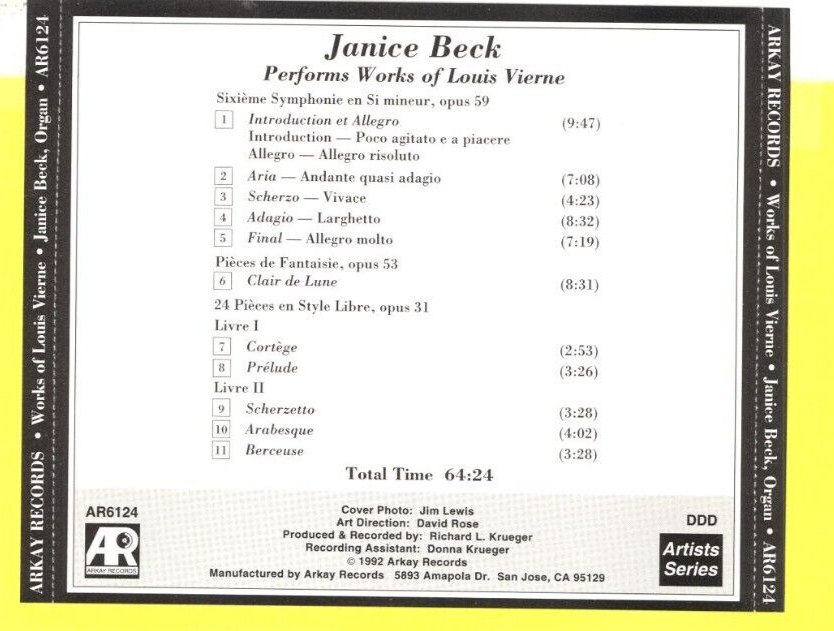 Janice Beck Performs Works of Louis Vierne (CD, Arkay Records, 1992) | eBay