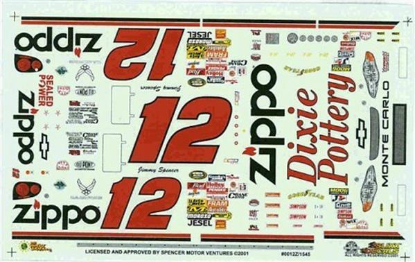 Slixx 1545 #12 Zippo/Dixie Pottery 2000-Jimmy Spencer Nascar waterslide ...