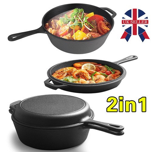 2in1 Combo Cooker Pre Seasoned Dutch Oven Pot Cast Iron Frying Pans ...