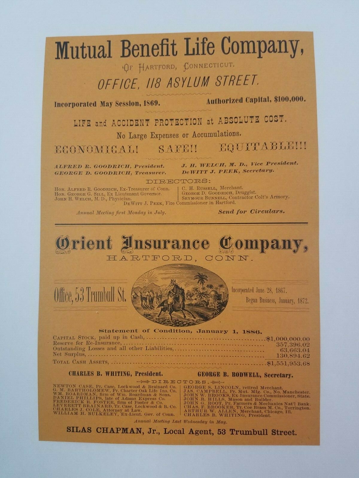 1886 Hartford Connecticut Advertisement Mutual Benefit Orient Insurance ...