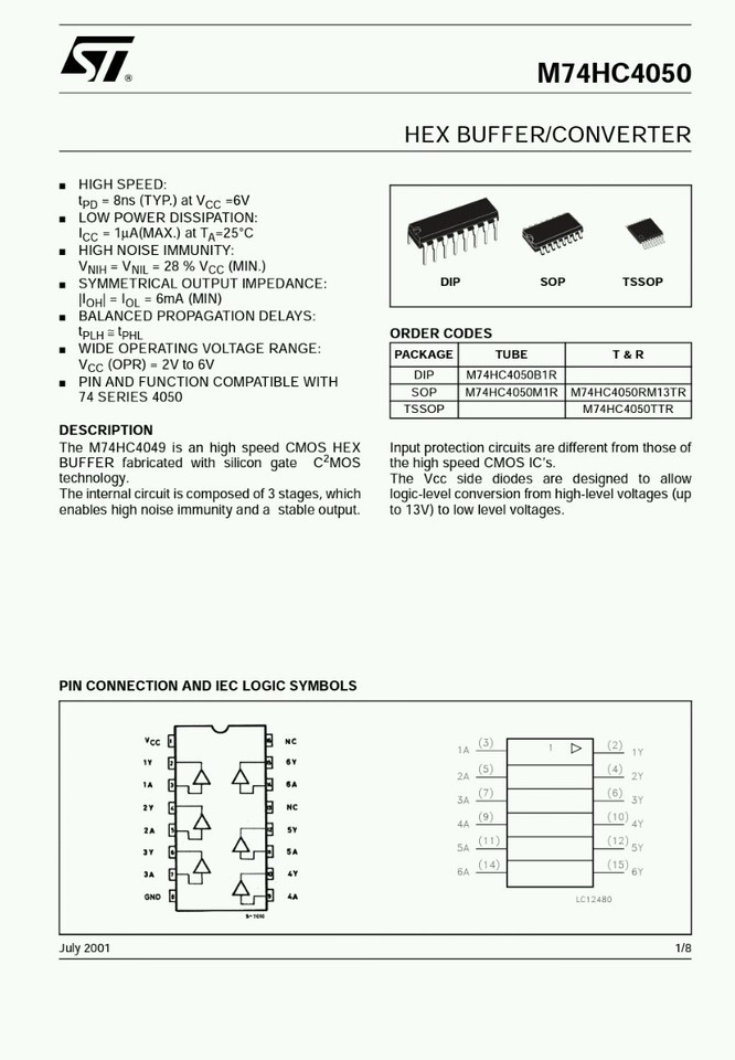 10PCS ST M74HC4050 / 74HC4050 SMD. ,Hex non inverting level shifter ...