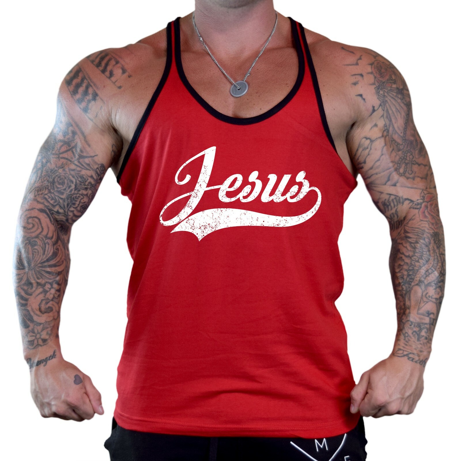 Men's Script Jesus Red Stringer Tank Top Religious God Faith Christ ...