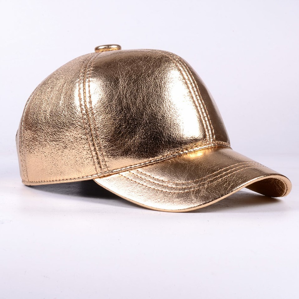 New Women's Men's Real Leather Unisex Gold Baseball Cap Trucker Cap ...
