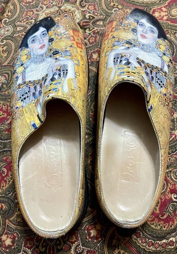 Pair of ICON women's leather clogs, slides, Wearable Art Gustav Klimt ...