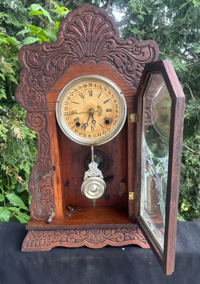 Antique 1890s Ansonia Gingerbread Mantle Calendar Clock RUNS - VIDEO ...