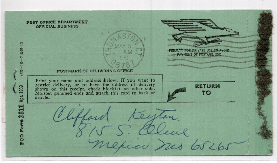 1970 Mexico MO Thomaston CT US Post Office Forms 3811 3813-P for ...