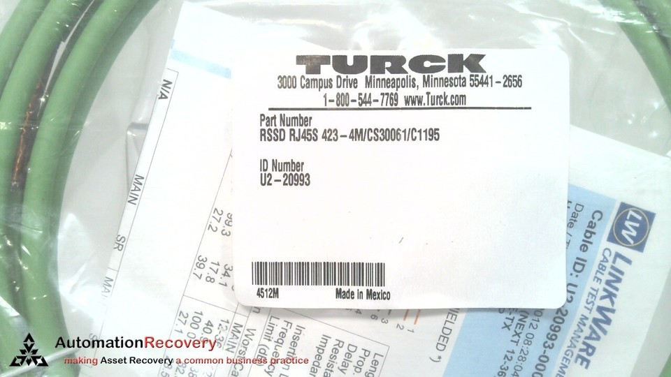 TURCK RSSD RJ45S 423-4M/CS30061/C1195, ETHERNET CABLE, U2-20993, NEW ...