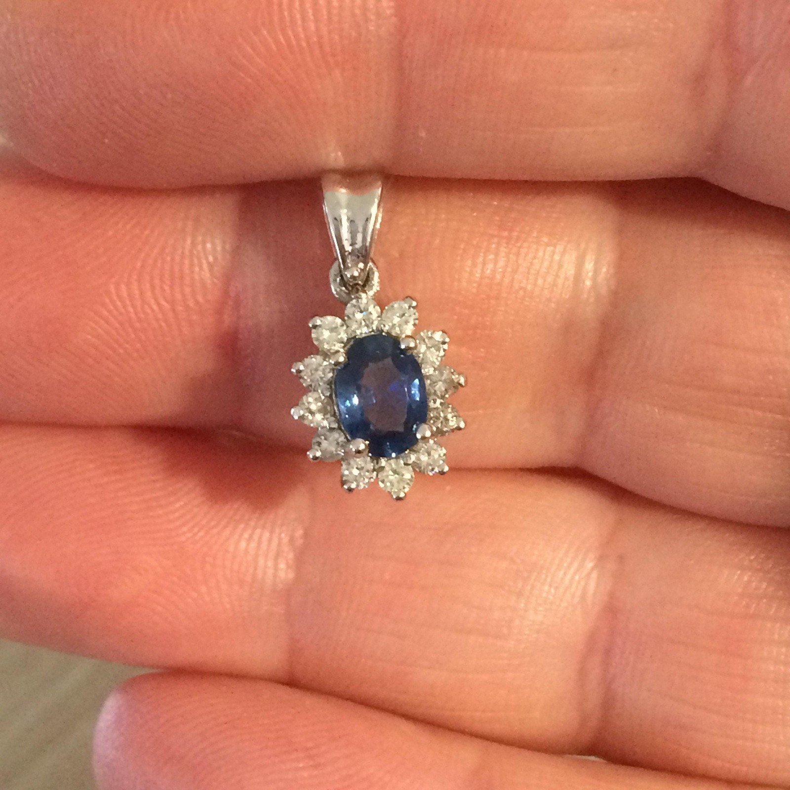 Elegant 18k white gold pendant | oval sapphire & round diamonds ...