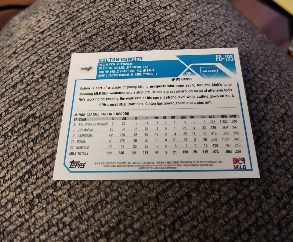 2023 Topps Pro Debut Baseball Colton Cowser PD-193 Baltimore Orioles | eBay