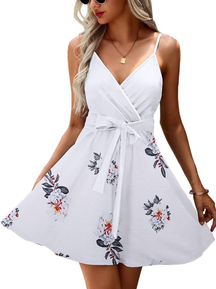 Women’s Summer Mini Skater Dress V Neck Spaghetti Strap Backless Lace ...