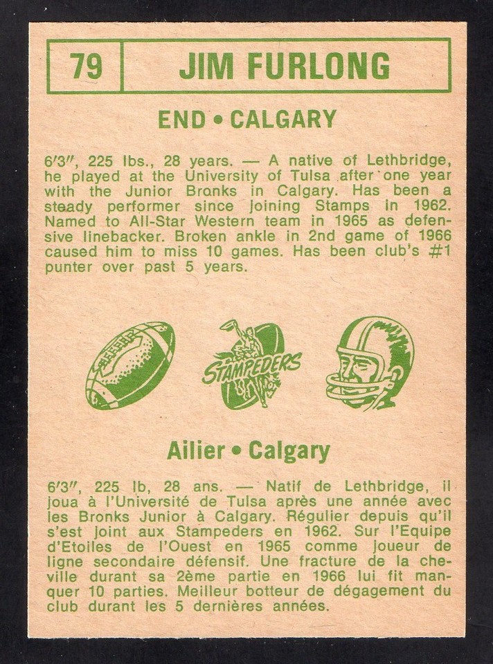 Rare 1968 OPC CFL #79 Jim Furlong Calgary Stampeders GREAT SHAPE | eBay