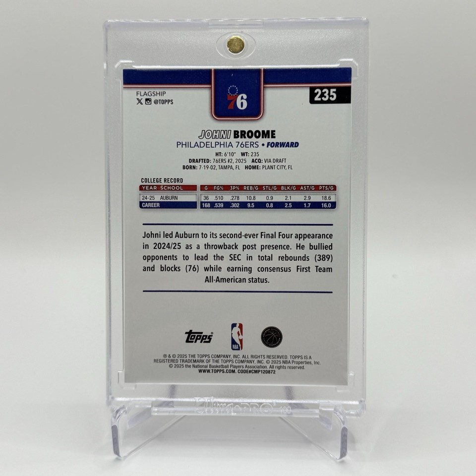 2025-26 Topps NBA Johni Broome RC Rookie Gold Parallel SN #’d SP /2025 76ers | eBay