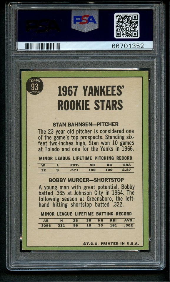 1967 Topps YANKEES ROOKIES BOBBY MURCER / STAN BAHNSEN #93 PSA 8 NM-MT ...