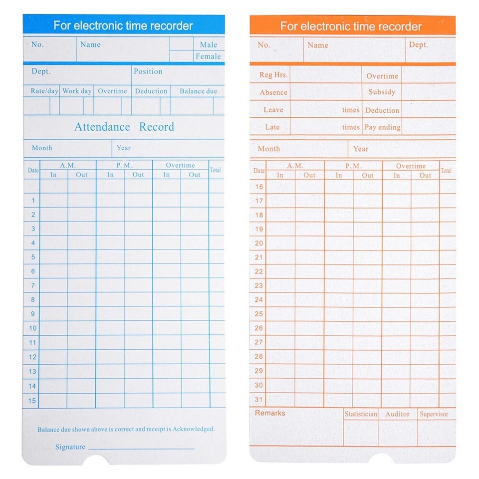 Yescom 100x Monthly Time Clock Cards Timecard for Employee Attendance ...