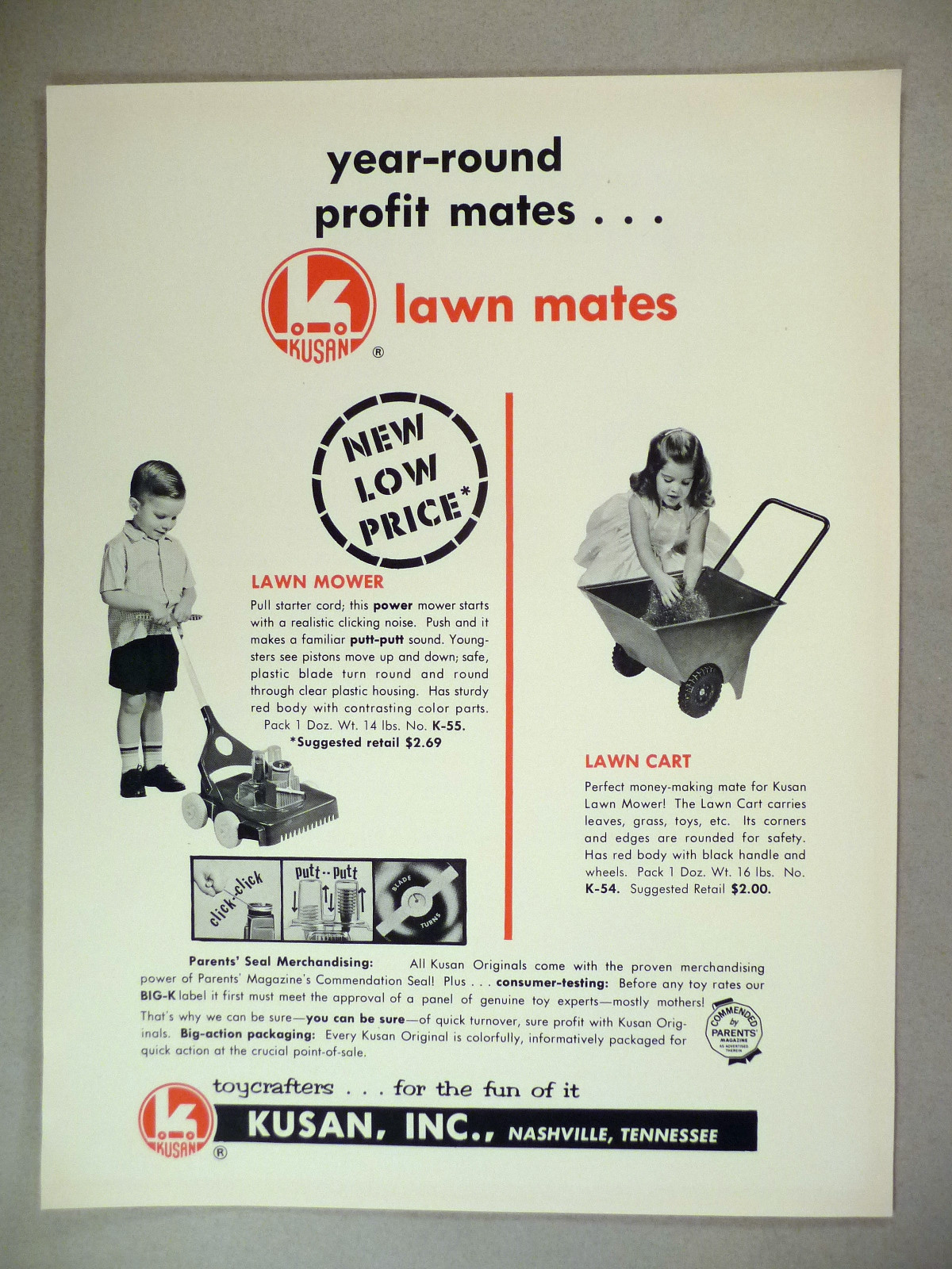 Kusan Toys 2-Pg PRINT AD - 1965 ~ toy lawn mower, lawn cart, klickety ...