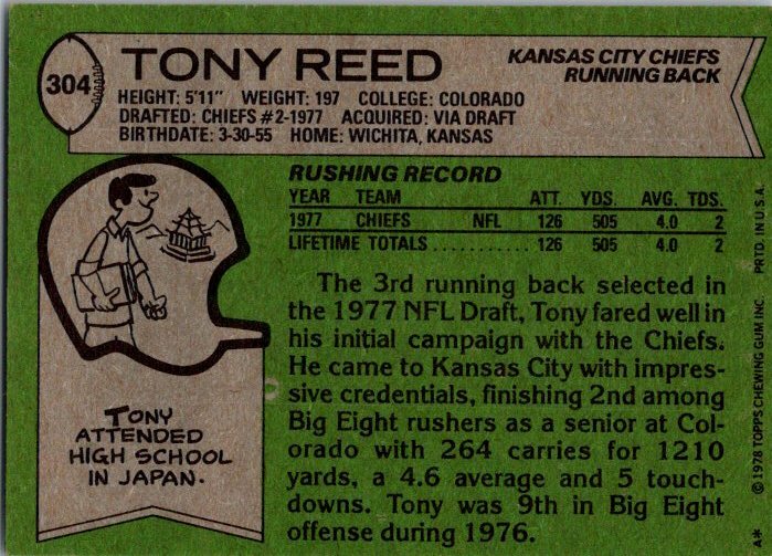 Tony Reed - 1978 Topps Football #304 - Kansas City Chiefs Rookie | eBay