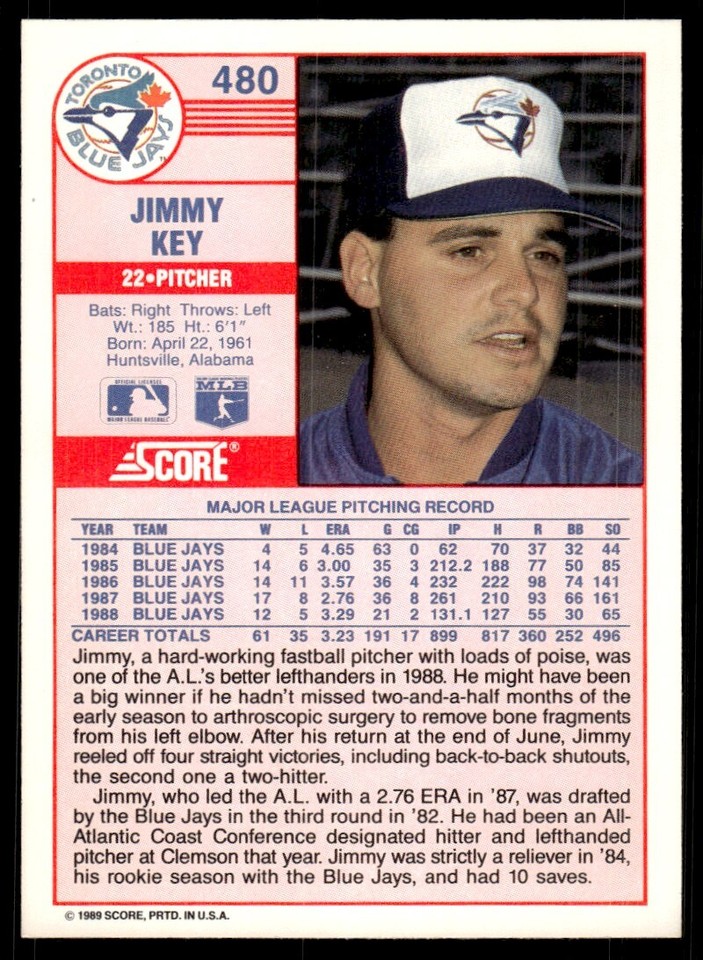 1989 Score Baseball Card Jimmy Key Toronto Blue Jays #480 | eBay