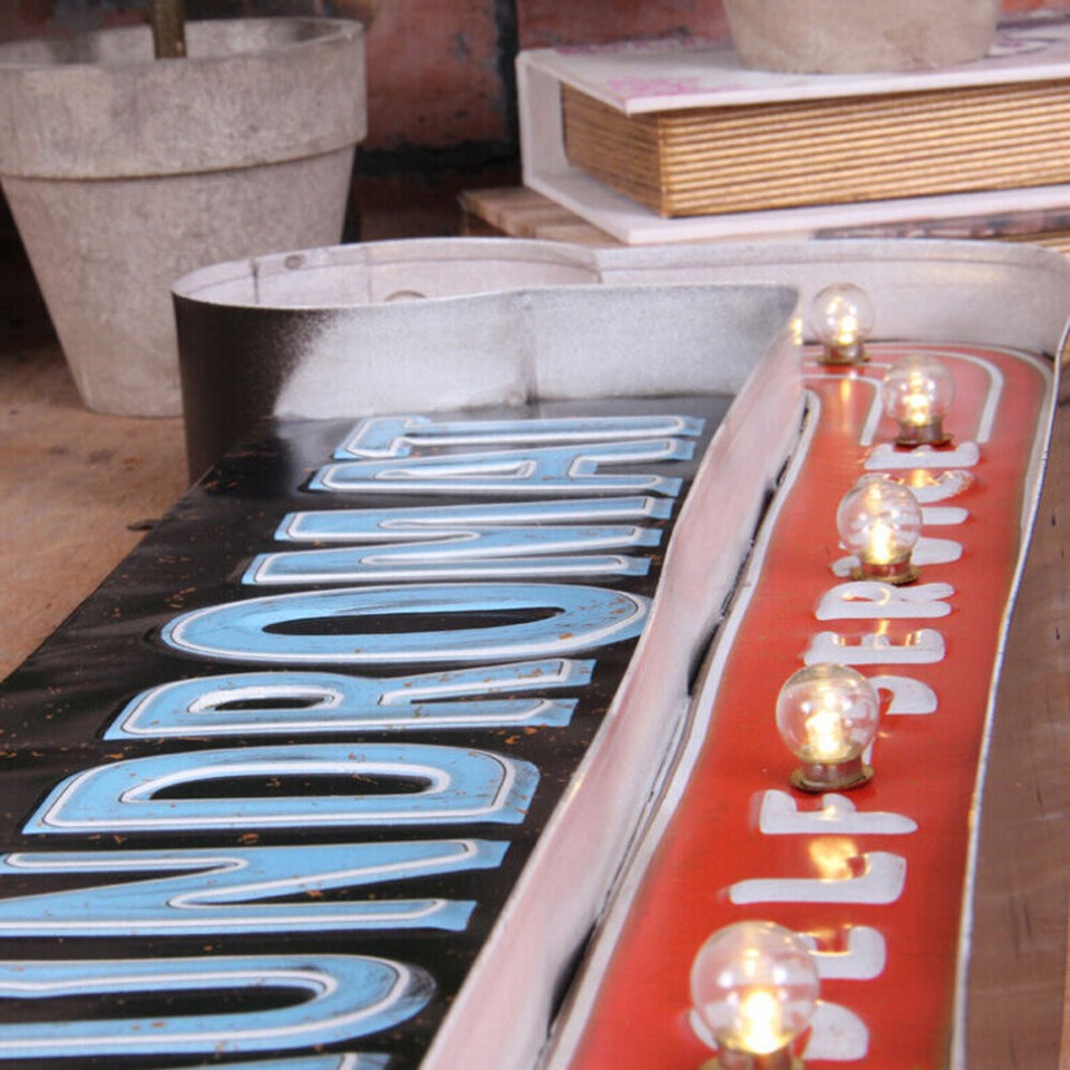 Vintage LED Light Metal Hanging Sign LAUNDROMAT Laundry Shop Art Wall ...