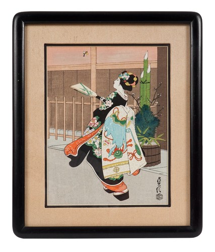 Sadanobu Hasegawa Woodblock Print Japan "Maiko Girl, playing Hanetsuki ...