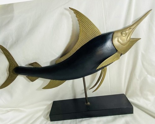 Frederick Cooper Mid-Century Carved Wood & Brass Marlin Fish Sculpture ...