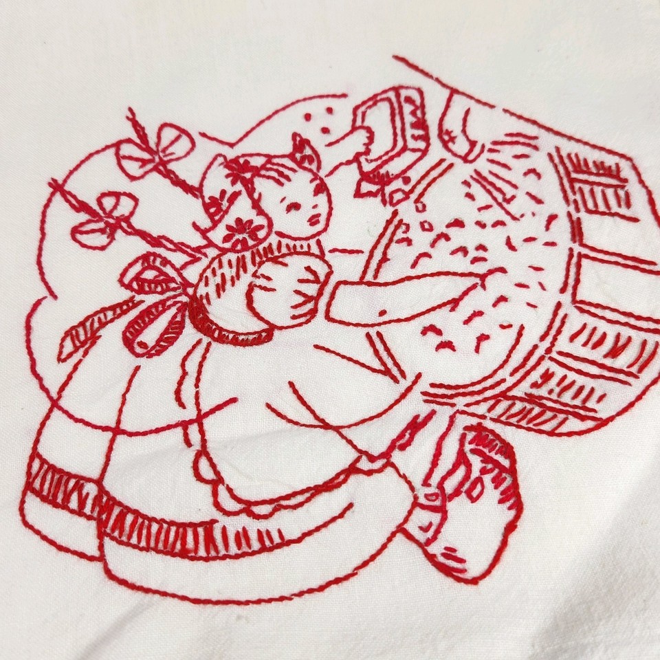 Vtg Hand Embroidered Redwork Dutch Girl Chores Kitchen Dish Towels (Lot ...
