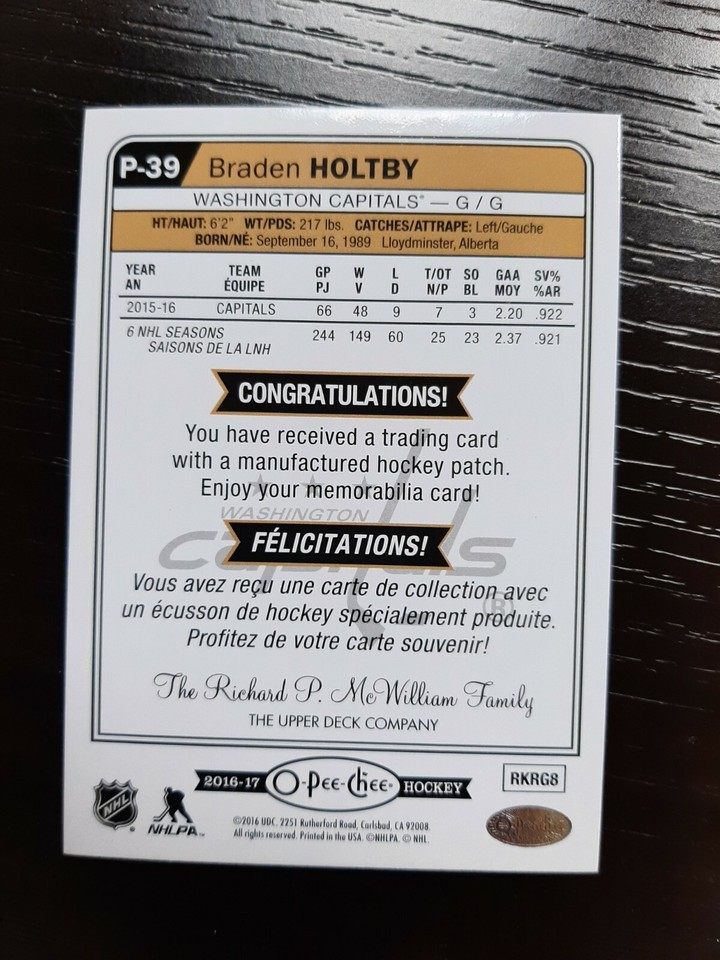 2016-17 OPC Manufactured Patch Relic - P-39 Braden Holtby Capitals | eBay