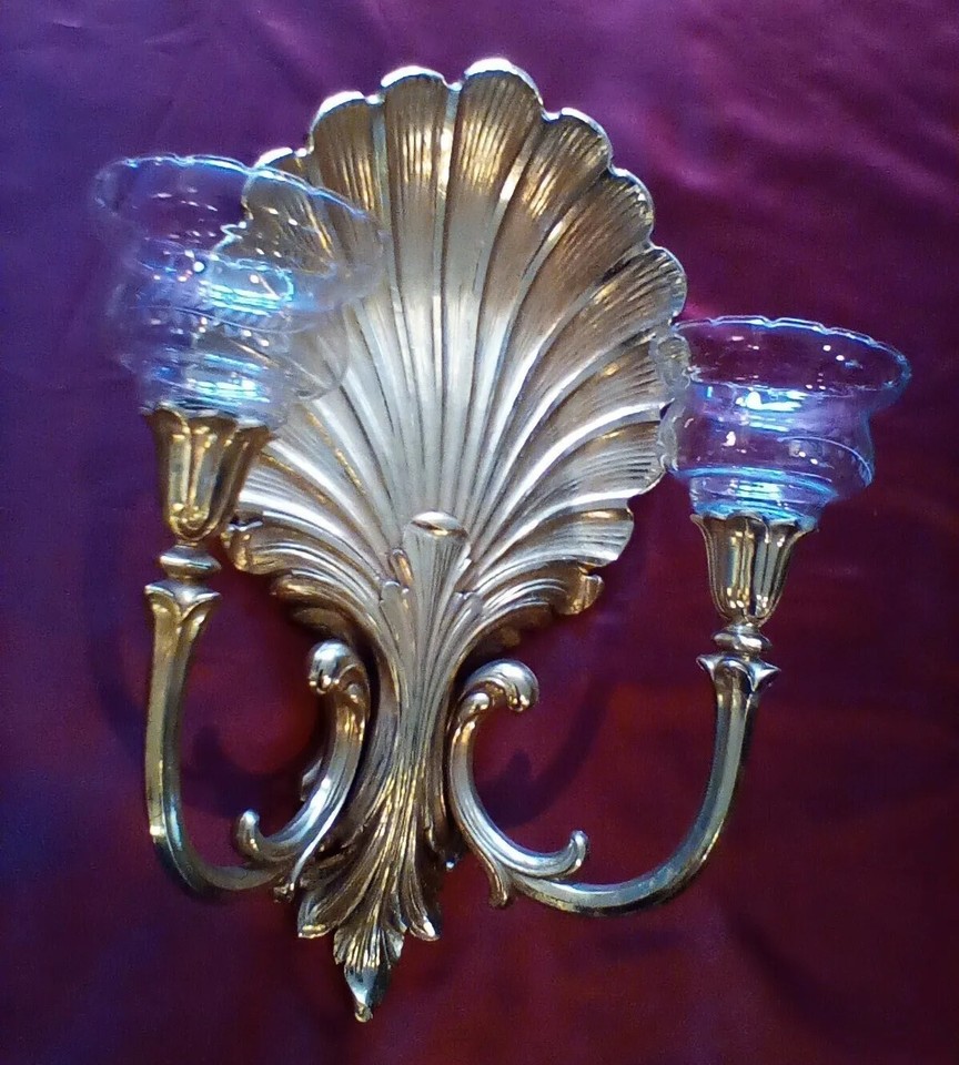 VINTAGE SCONCE GOLD CLAM SHELL GLASS VOTIVE HOLLYWOOD REGENCY WALL ...