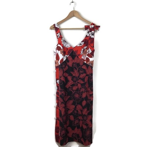 Warm NY Dress 0 Ruby Day Red White Floral Print Bow V Neck Black Women ...