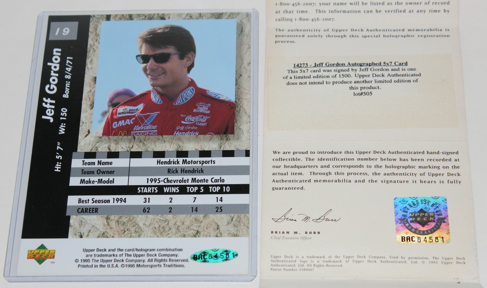 Upper Deck Authenticated 5 x 7 Jeff Gordon Autograph Card with ...
