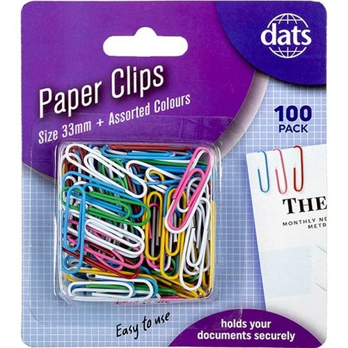 Paper Clips 33mm 100pk Mixed Colours PVC Coating School Office Work ...