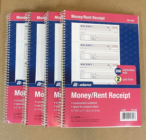 Adams Money Rent Receipt Books SC1182 4 PACK 7-5/8" x 11" Carbonless 2 ...