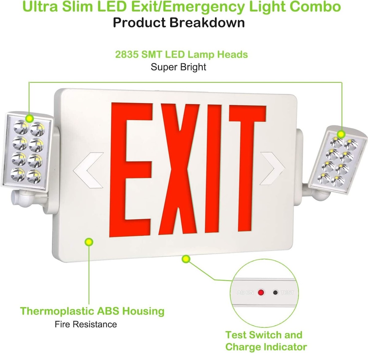 Mini Red Led Exit Sign Emergency Combo With Directional Lights