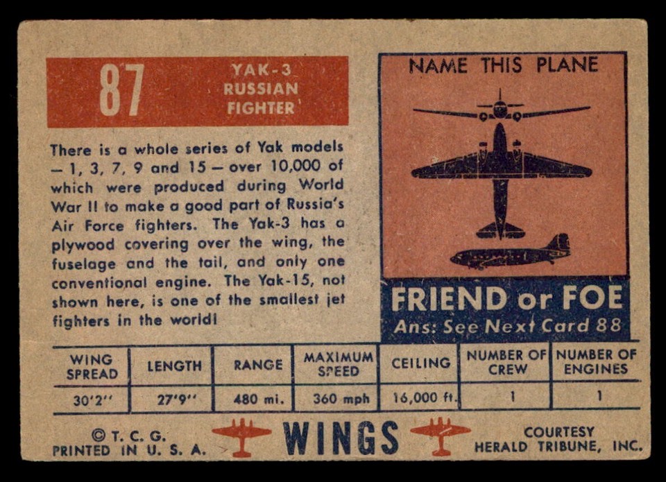 1952 Topps Wings #87 YAK-3 VG *d2 | eBay