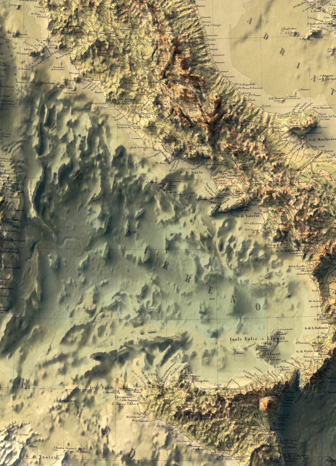 Italy Map, Italy Bathymetric 2D Relief Map, Italy Vintage Map - 2D Flat ...