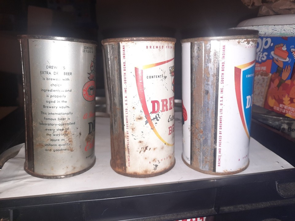 3 DREWRYS EXTRA DRY EMPTY OPENED 12 OZ FLAT TOP STRAIGHT STEEL BEER ...