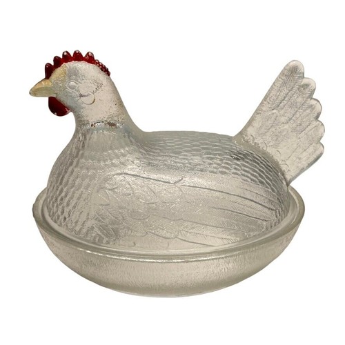 Clear Glass Hen Chicken on Nest Candy Dish with Red 6" | eBay