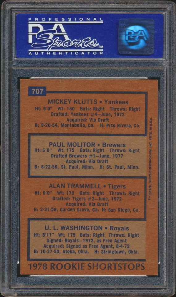 1978 Topps Klutts Molitor Trammell Washington #707 HOF Rookie PSA 8 NO ...