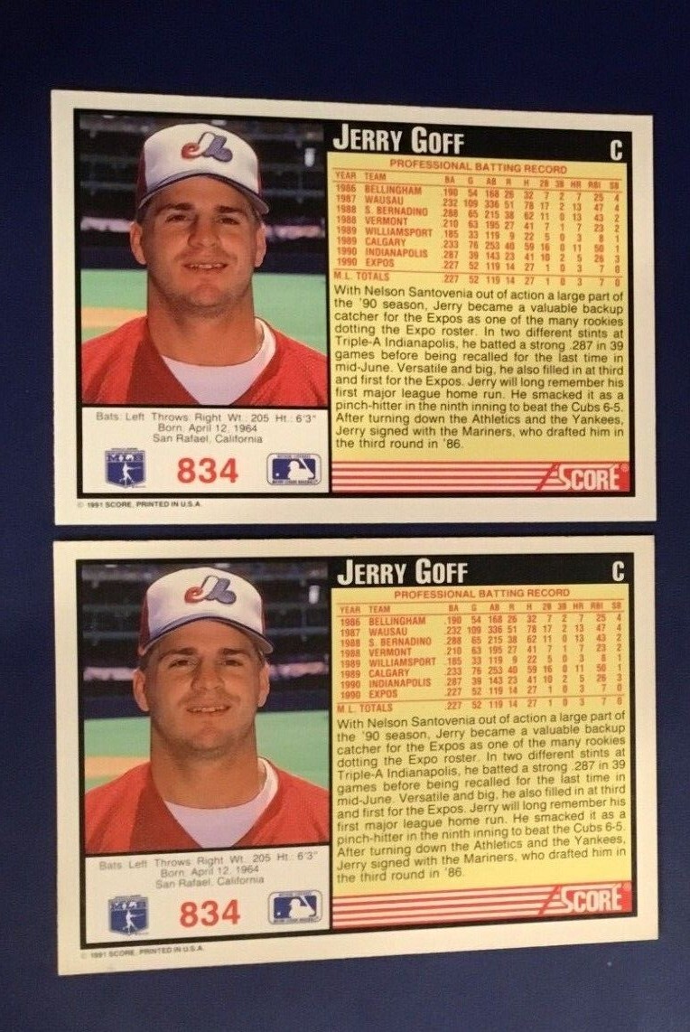 1991 Score # 834 JERRY GOFF ROOKIE RC Lot 2 Montreal Expos Jared Lions ...