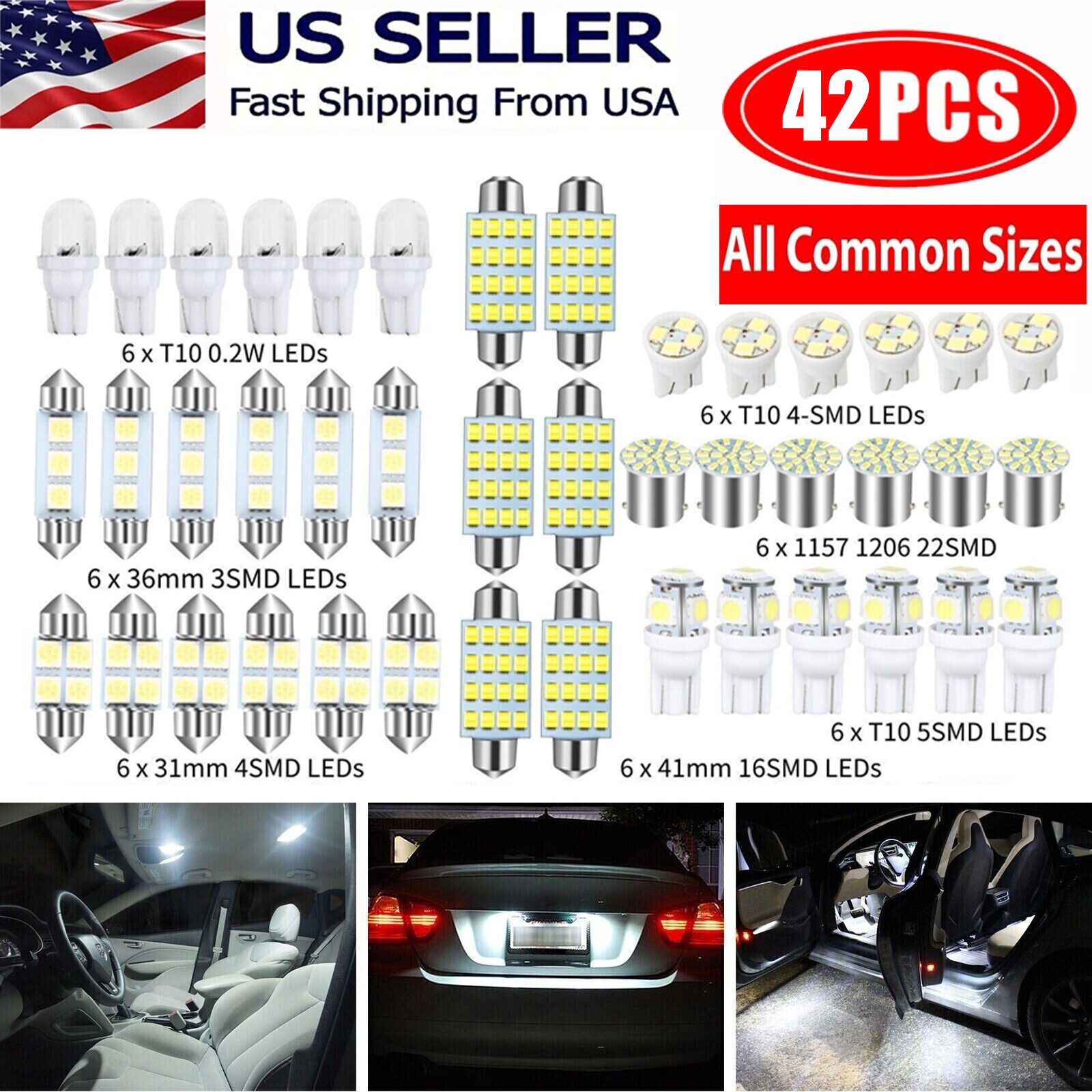 42pc LED Interior Lights Bulb Kit Dome License Plate Lamp 6000K for ...