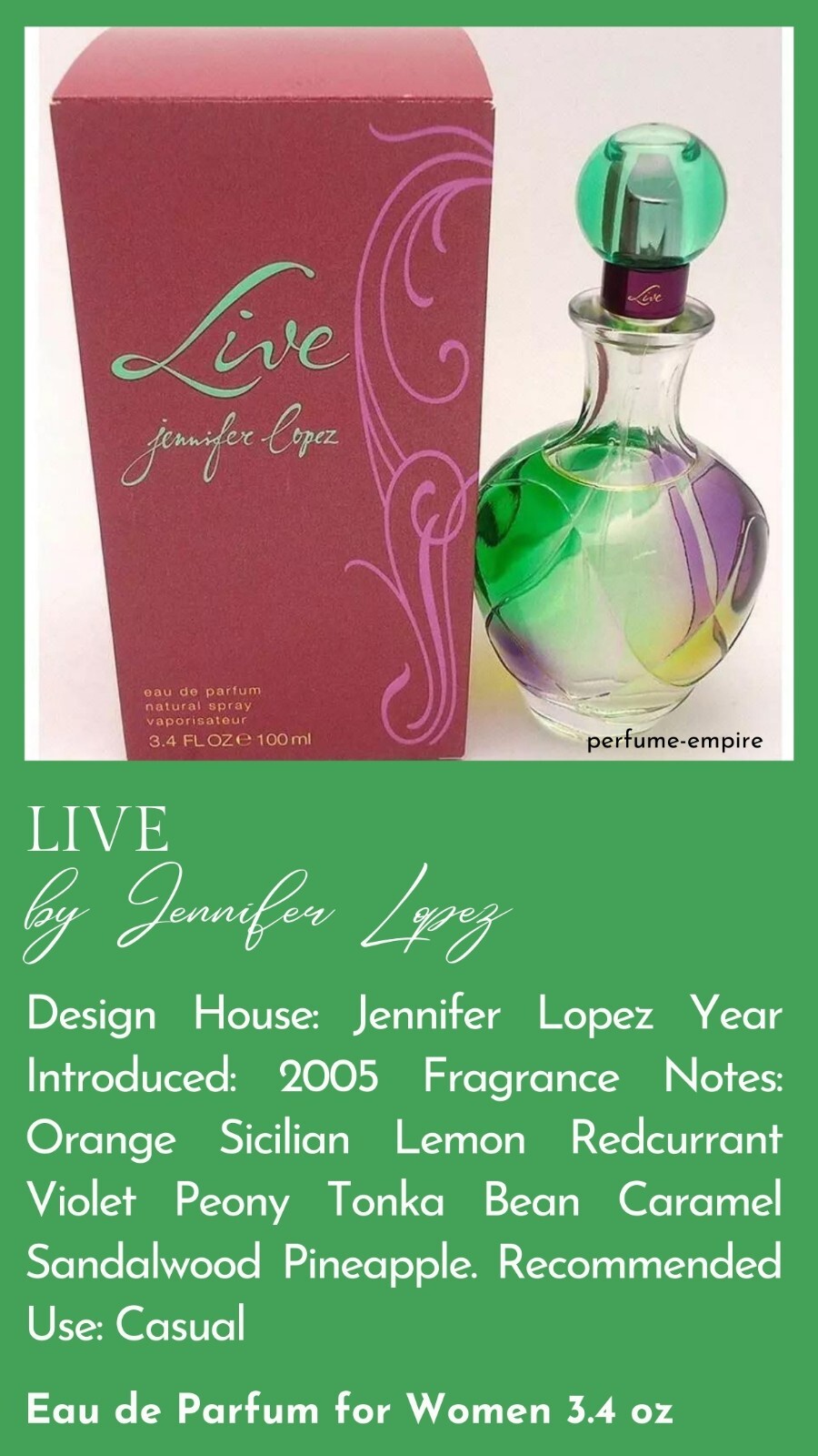Live by J.Lo Jennifer Lopez EDP Perfume for Women 3.3 / 3.4 oz New In ...