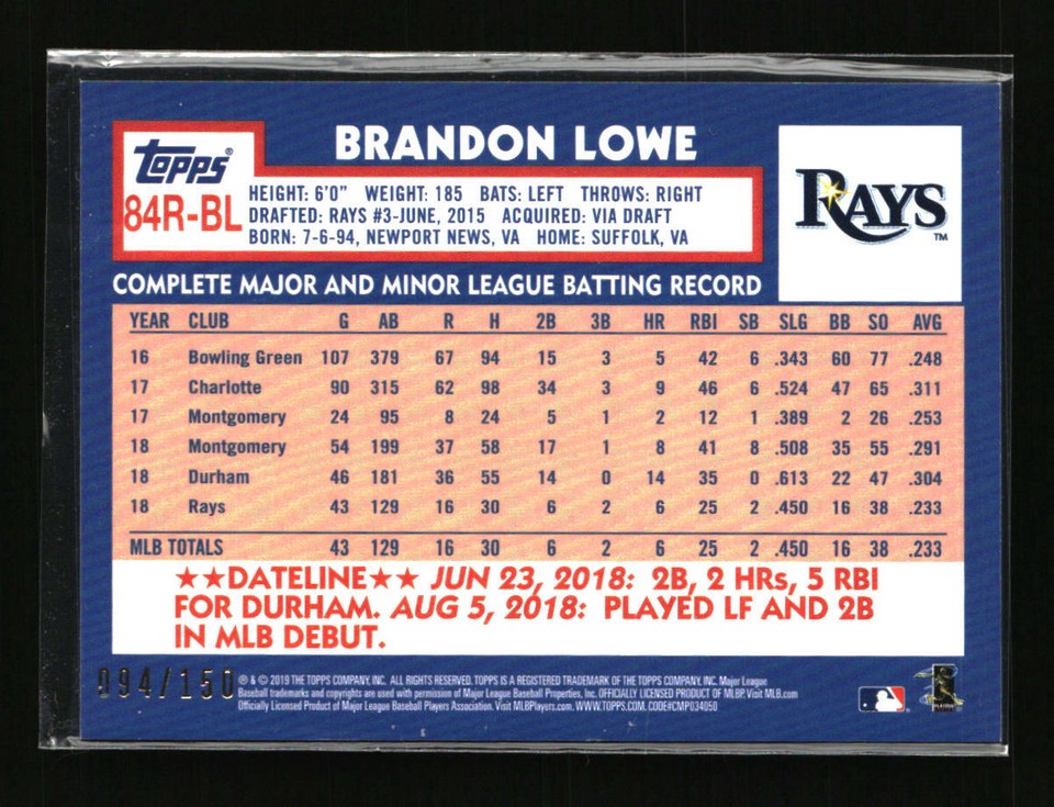2019 Topps 1984 Baseball Rookies 150th Anniversary Brandon Lowe 84R-BL ...
