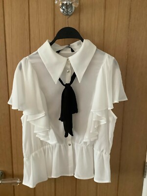BNWT ZARA White Ruffled Blouse with Bow Size M | eBay UK