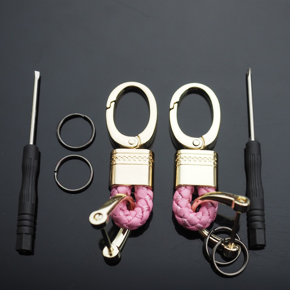 2pcs Pink & Gold Woven Leather Fob D-Ring Keychain Key Split Rings ...
