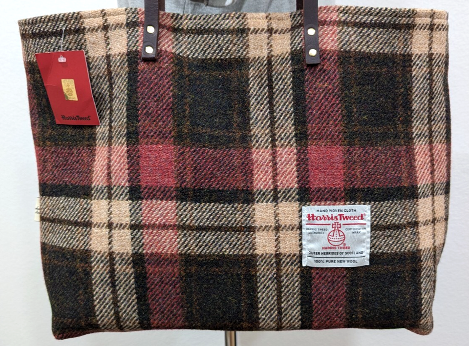 HARRIS TWEED 100% Wool Flannel Tote Shoulder Bag Red Plaid Purse w ...