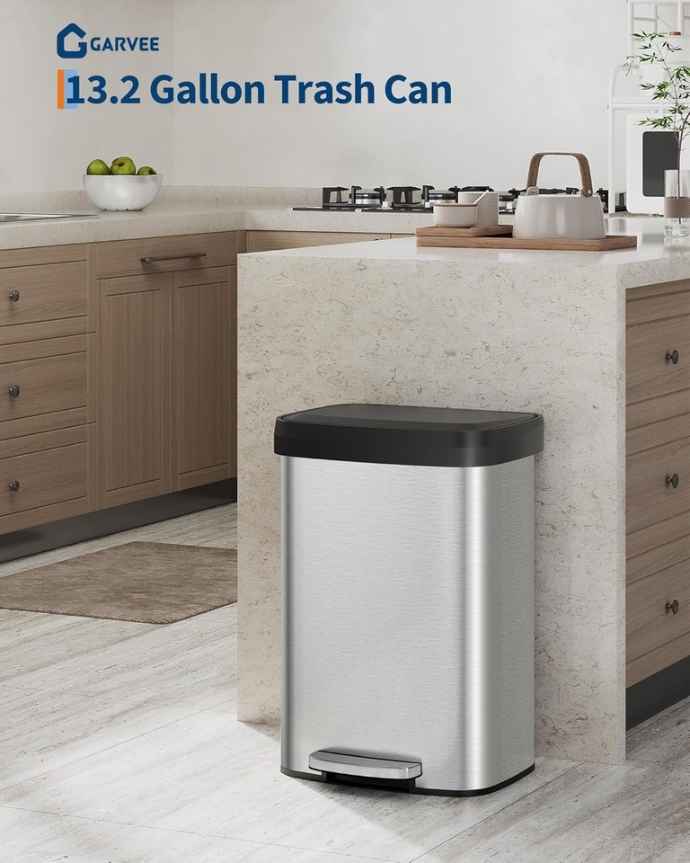 13 Gal/50L Stainless Steel Step-On Trash Can with Soft-Close Lid & Odor ...