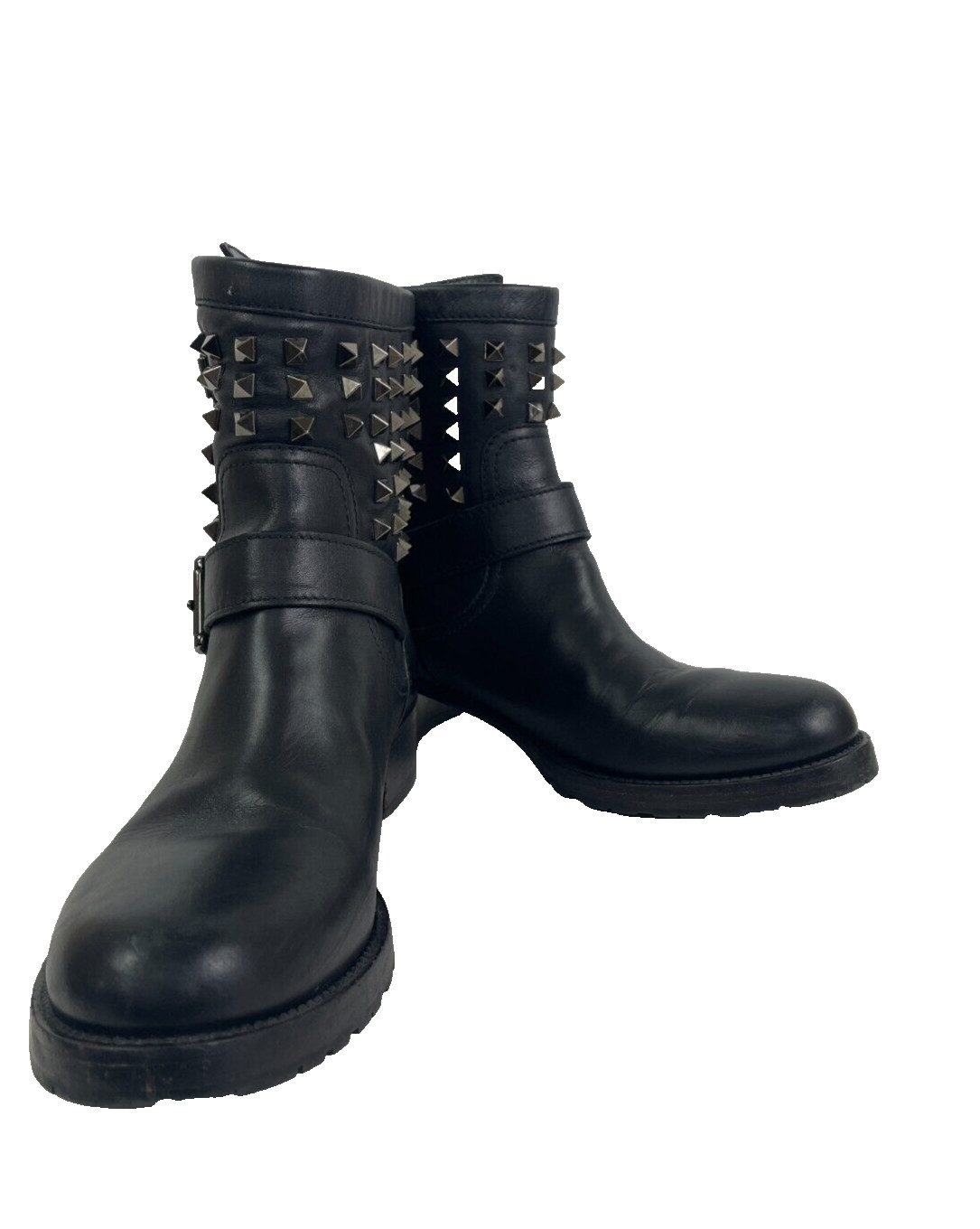 VALENTINO Garavani Black Leather Rock Stud Moto Boots… - Gem