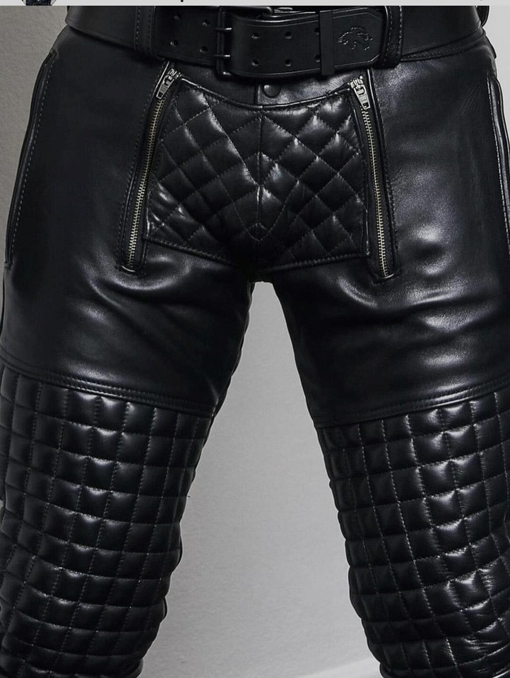 Men's Real Leather Bikers Pants Quilted Panels Front & Back Bikers ...