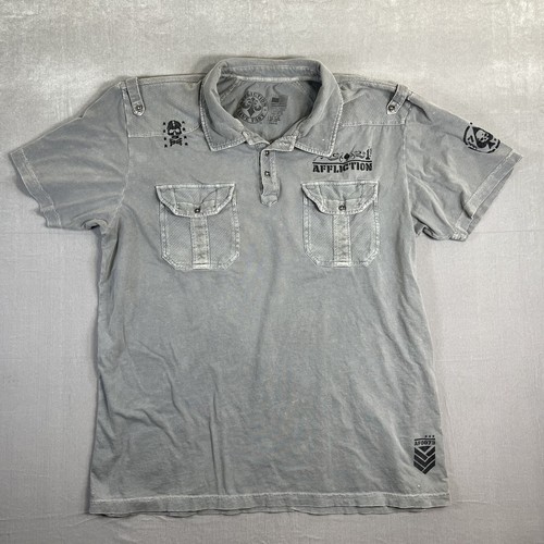 Affliction Polo Shirt Mens 3XL Gray 2 Pocket Velvet Skull Biker Live ...