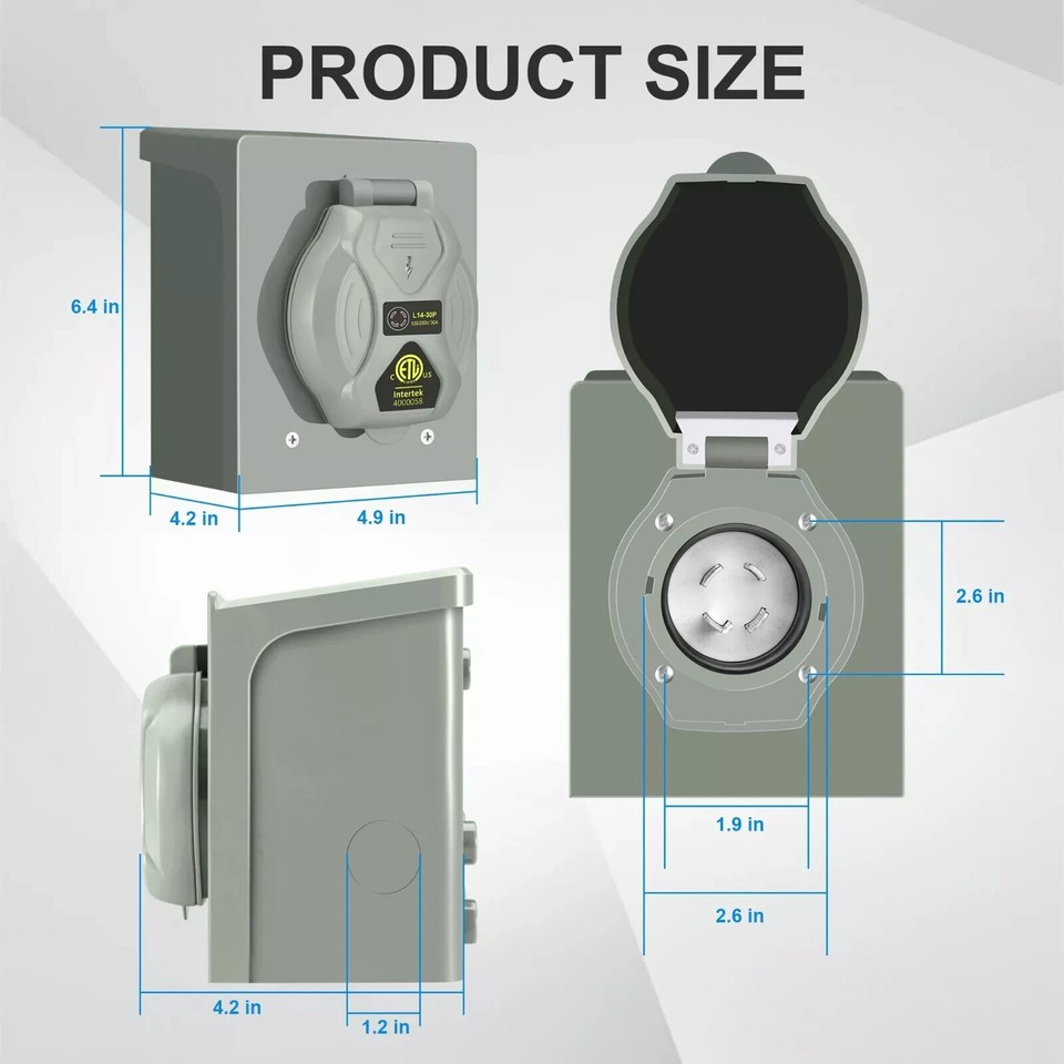30A Generator Power Inlet Box NEMA 3R Generator Outlet Box L14-30P, 3 ...