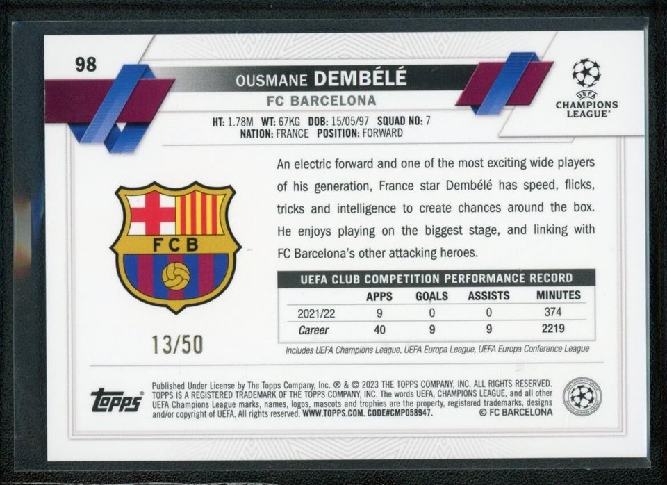2023 OUSMANE DEMBELE 13/50 TOPPS UEFA CHAMPIONS LEAGUE JADE | eBay